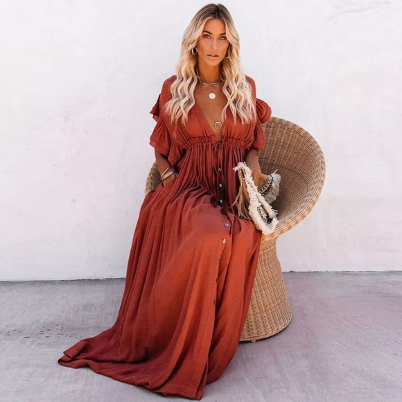 Dresses | New Sexy Deep Plunge Cover Up Maxi Dress Gauze Rust Copper ...